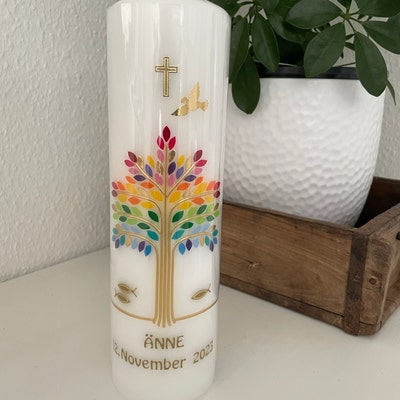 Candle Christening Tree of Life With Rainbow Leaves, Doves, Fish ...