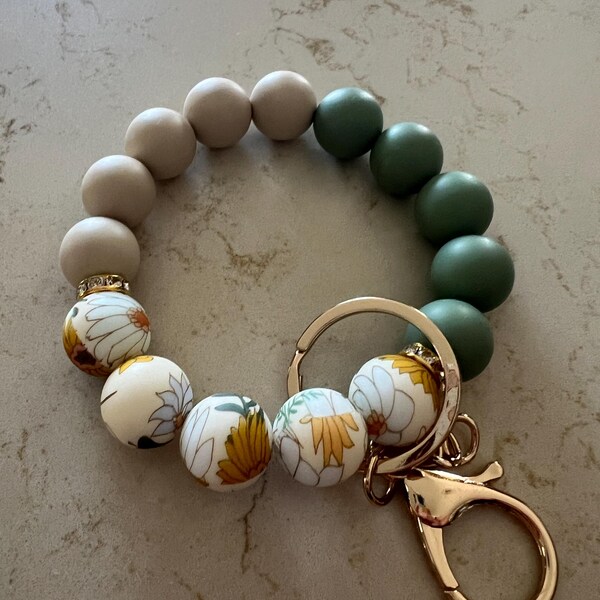 Rose Flower Wristlet Keychain Silicone Bangle Key Wristlet Boho Beaded ...