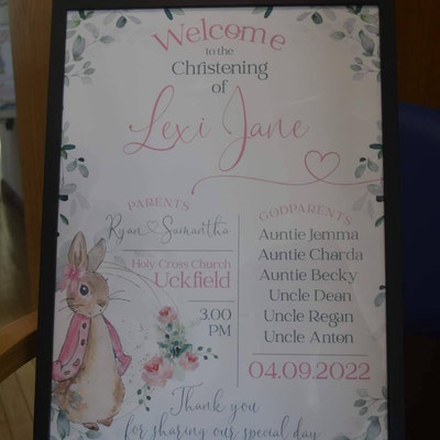 Flopsy Rabbit Personalised Welcome Sign Christening Sign, Baptism Kids ...