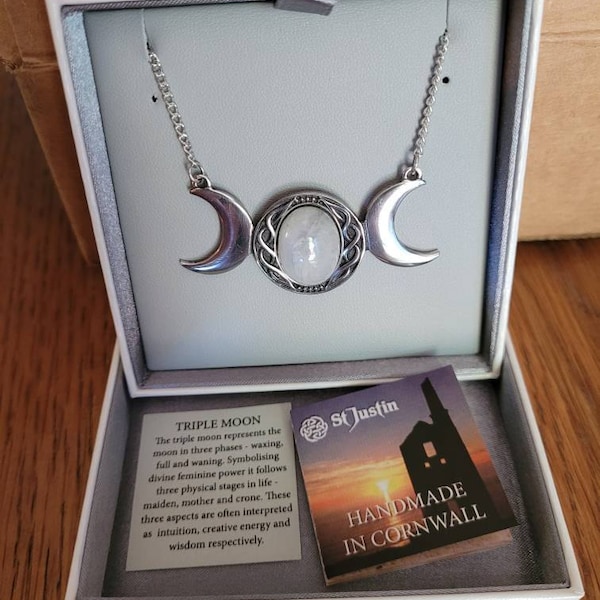 Triple Moon Necklace | Made in Cornwall | Rainbow Moonstone and Pewter ...
