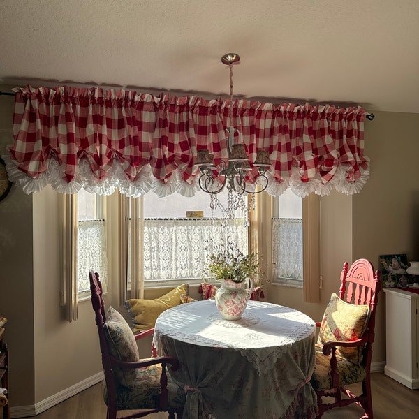 Red and White Buffalo Check Double Ruffle Balloon Curtain - Etsy