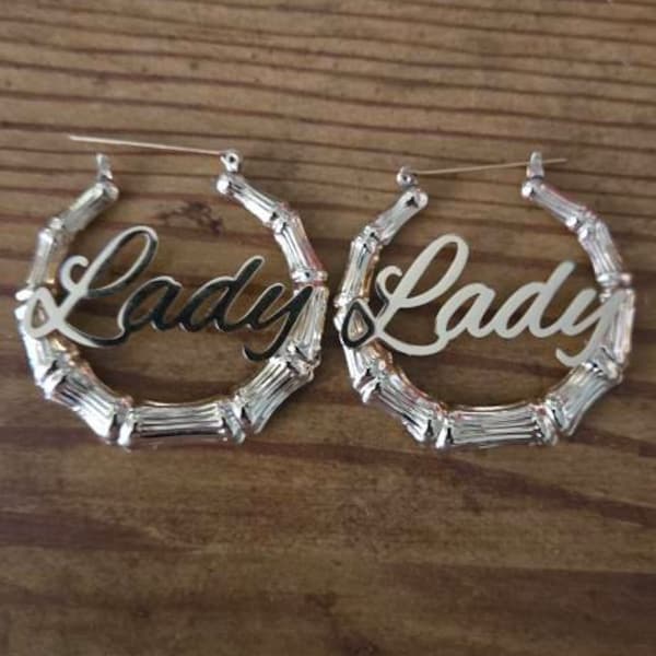 Nameplate Bamboo Earrings, Custom Name Earrings, Gold Bamboo Hoops ...