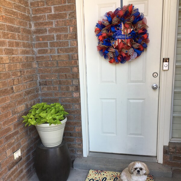 America Patriotic Red Blue and Burlap Star Deco Mesh Wreath/patriotic ...
