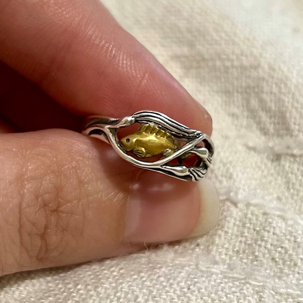 Fish Ring Fish in Kelp Ring Sterling Silver & 14k Gold Fish - Etsy