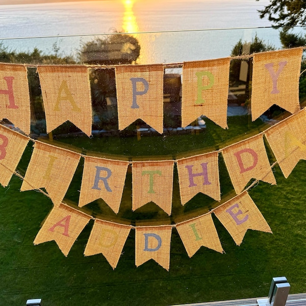 Happy Birthday Burlap Banner, Happy Birthday Pastel Colors, Custom ...