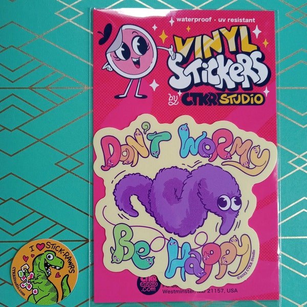 VS140A Don't Wormy Be Happy Vinyl Sticker / Worm on a String / Fuzzy ...