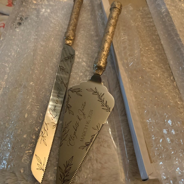 Engraved Cake Server Set Rose Gold Wedding Cake Knife Cutter ...