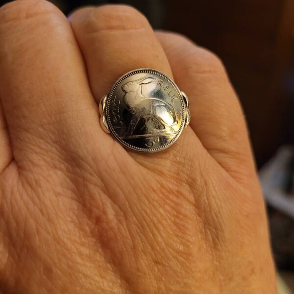 Irish Coin Ring, Celtic Jewelry, STERLING SILVER Band, Eire, Rabbit ...