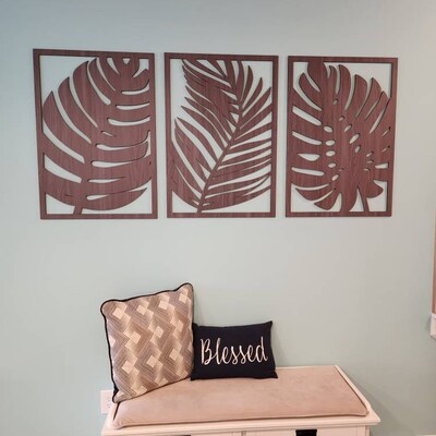 Tropical Leaves Wood Wall Art, 3 Panel Set, Monstera Wooden Leaf Wall ...