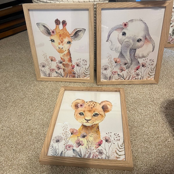 Boho Wildflower Safari Watercolor Prints, Neutral Animal Floral Nursery ...