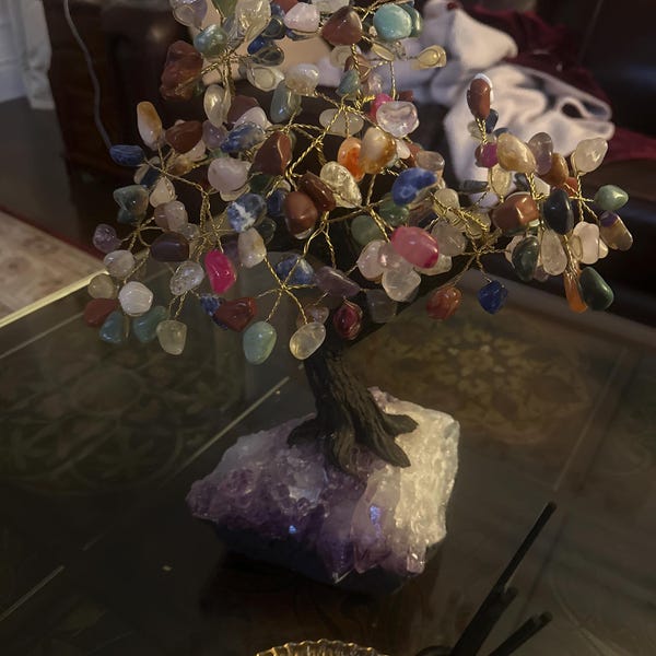 Tiger's Eye Gemstone Bonsai Tree, 14” Tall, Amethyst Cluster Base ...