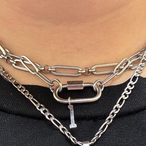 Fleur Cross Chain Link Necklace Stainless Steel CZ Stone Gothic Silver ...