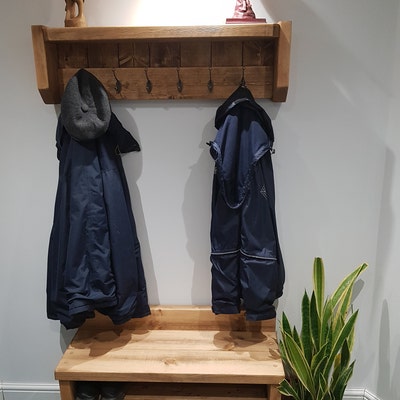 Matching Farmhouse Coat Rack and Shoe Boot Rack Bench Solid Chunky Wood ...