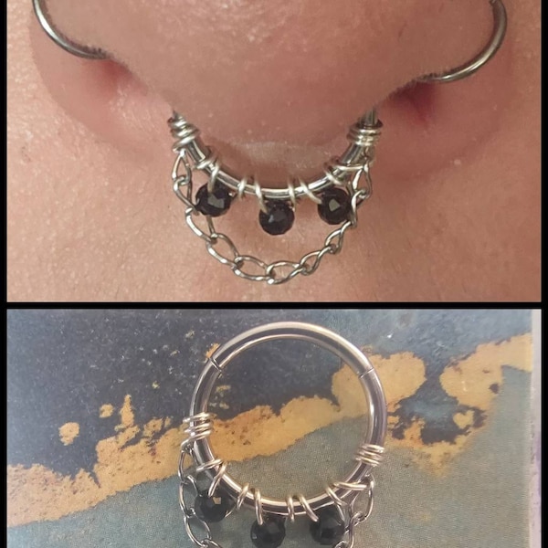 16g Septum Clicker With Chain and Garnet Beads, Surgical Steel ...