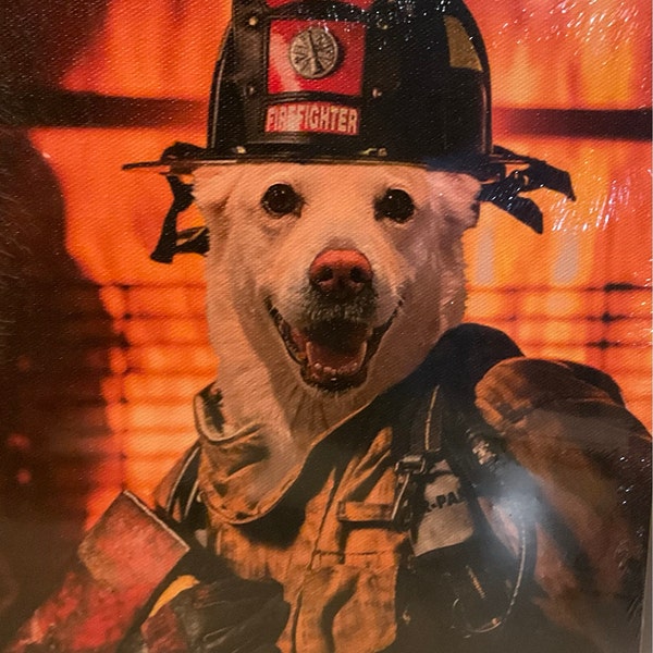 Firefighter Pet Portrait, Firefighter Gift Ideas, Fire Fighter Dog ...
