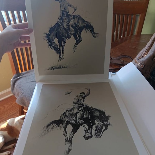 Western Cowboy Sketch PAIR | Vintage Wall Art | Mid Century Decor ...