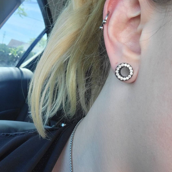 Pair Black Steel Diamond Gem Screw Fit Surgical Steel Tunnels Ear Plugs ...