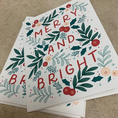 Merry and Bright Christmas Cards Set of 8 or Individual Greeting Card ...