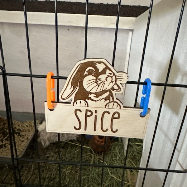 Bunny Rabbit Ears Down Cage Tag, Personalized, Custom, Engraved Wood ...
