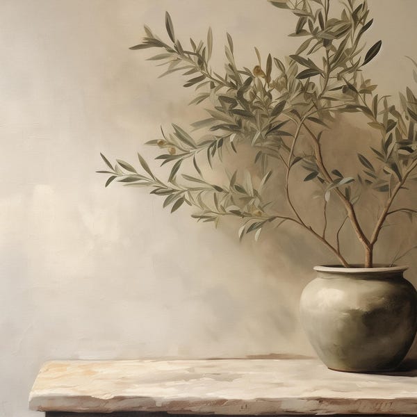 Vintage Still Life Vase Olive Branch Neutral Tone Digital