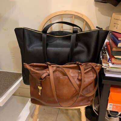 Extra Large Black Leather Tote Bag , Oversized Work and Travel Computer ...