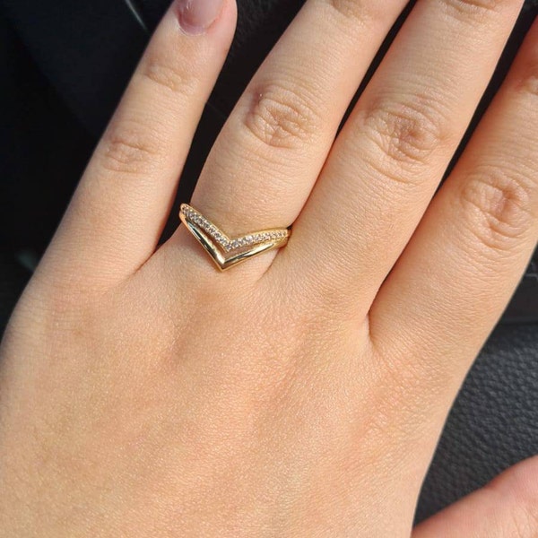 14K Solid Gold V Ring, 925 Sterling Silver V Ring, Chevron Ring, Curved ...