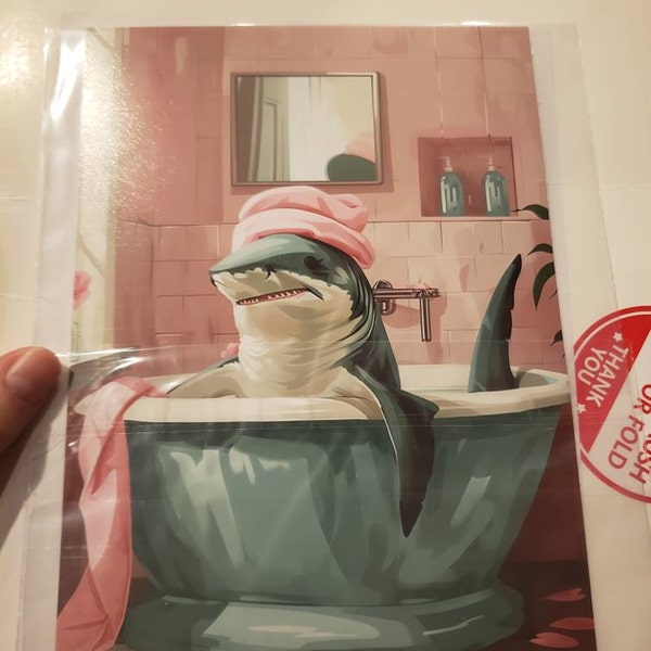 Shark in the Bathtub Wall Art Print, Shark Lover Gifts, Tropical Home ...