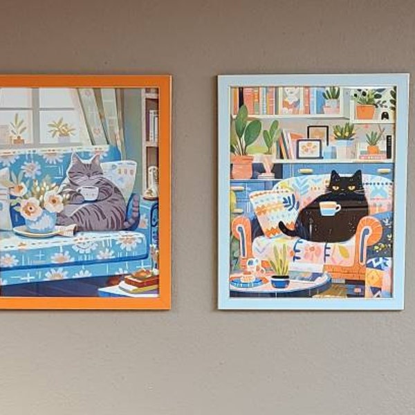 Cute Cat Print of Cat Wall Art of Coffee Lovely Cat Painting of Cat Mom ...