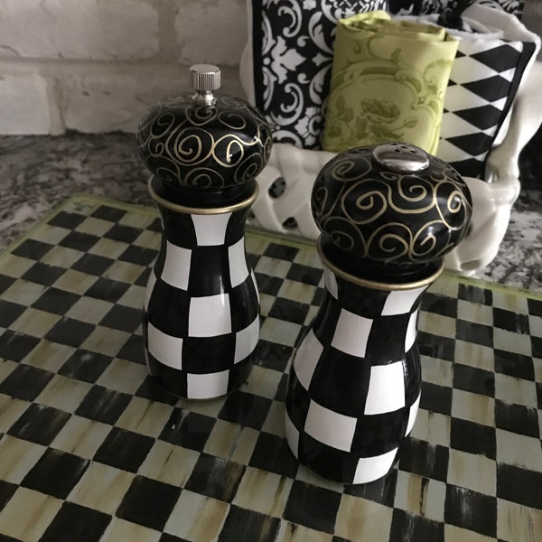 Hand Painted Salt and Pepper Mill Set, Black and White Checked, Gold ...