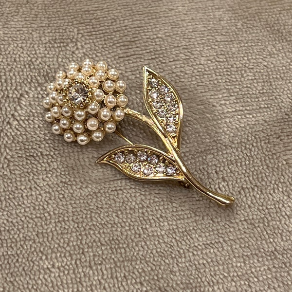 Vintage 1928 Jewelry Flower Brooch Black Tone Metal With Rhinestones ...