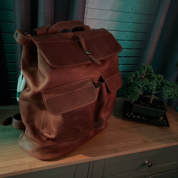 Handcrafted LEATHER BACKPACK in Cognac Brown Color With Two Front ...