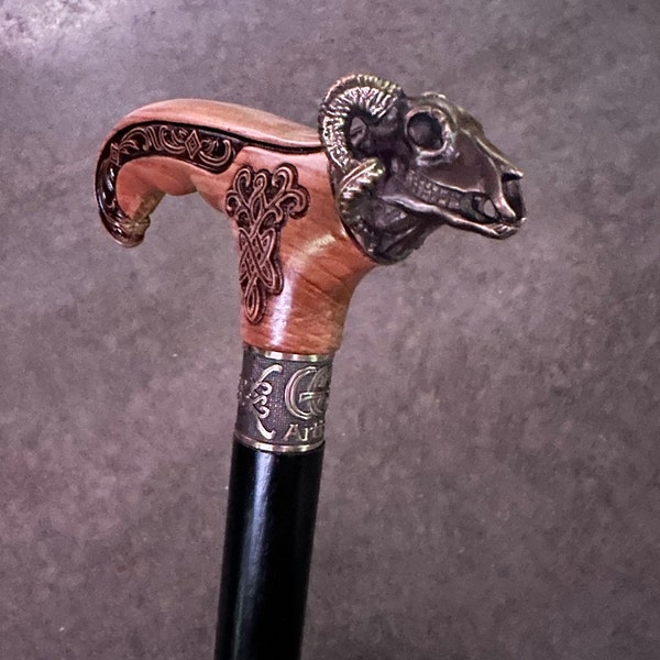 Ram Skull Bronze Walking Cane Stick - Hand Carved Handle With Celtic ...