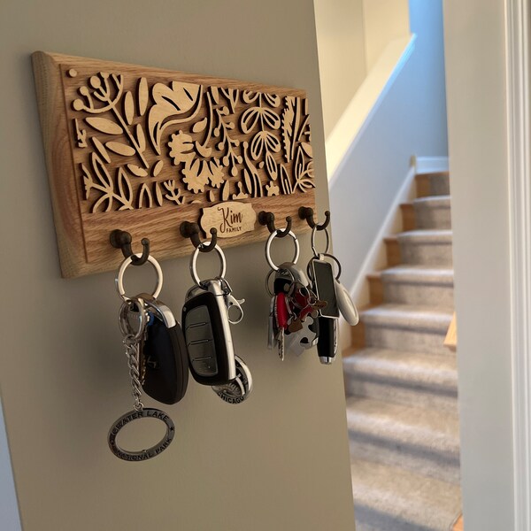 Wooden Key Holder for Wall, Personalized Entryway Organizer With Hooks ...