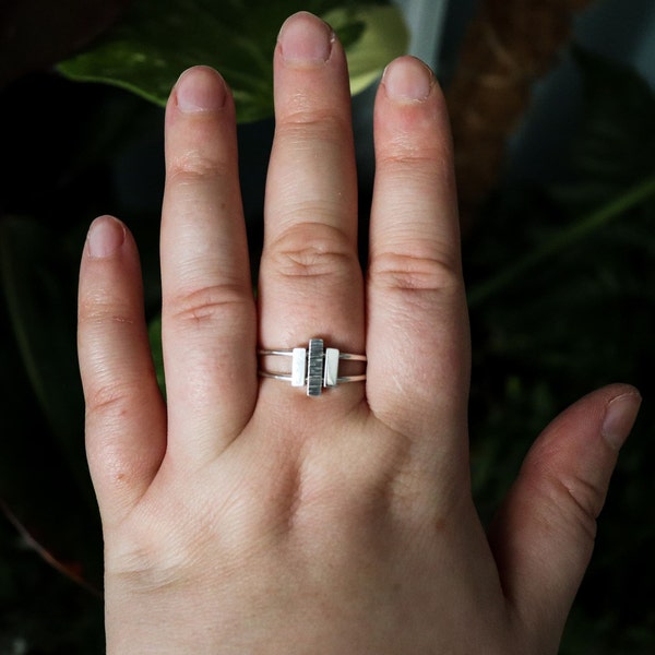 Fidget Three Bars Double Rings, Playful Ring, Sterling Silver, Moving ...