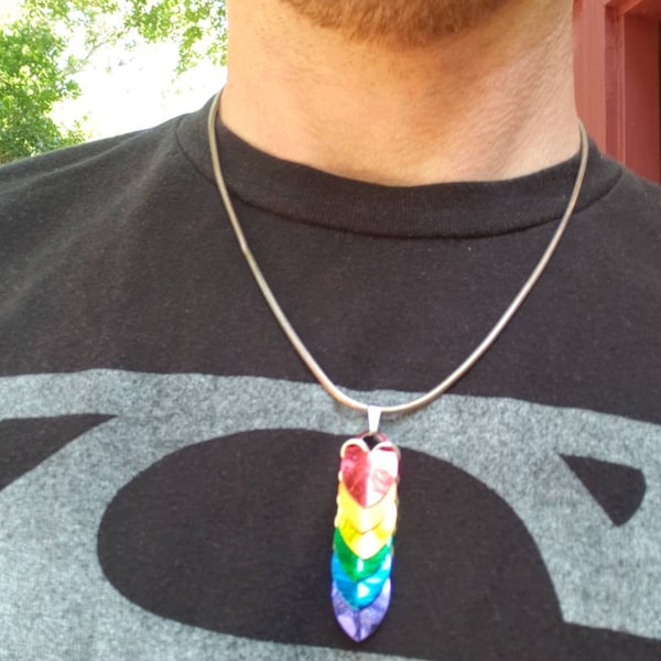 Gay Pride Pendant, Rainbow LGBTQ Flag Necklace, Chainmail Scale Charm ...