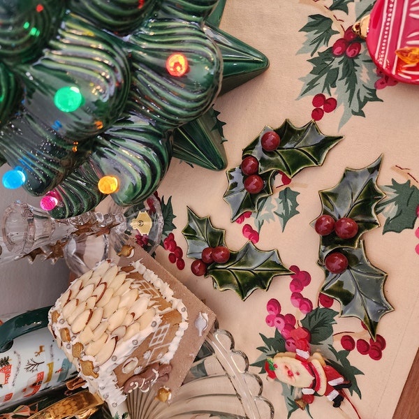 Ceramic Lifesize Holly Sprig With Burgundy Red Berries: Holiday Table ...