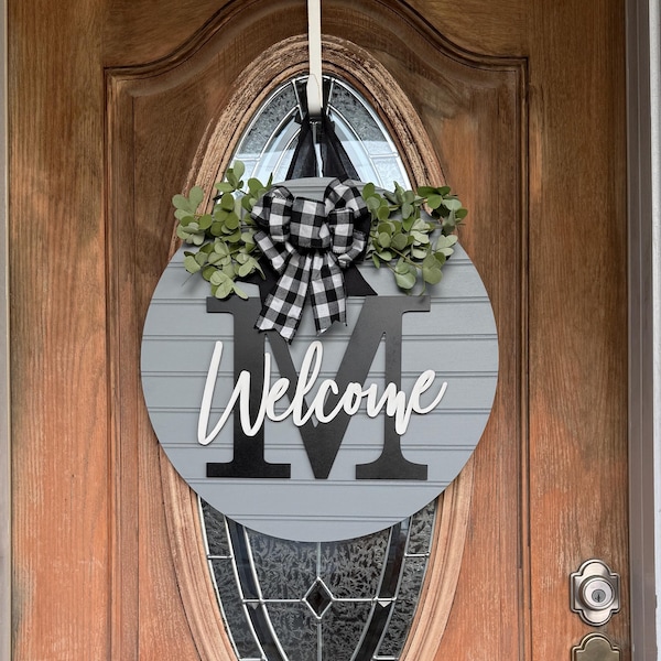 Monogram Front Door Sign, Welcome Door Decor, Front Door Hanger, Wood ...