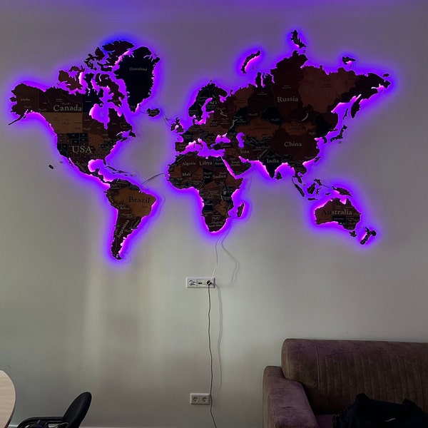 3D Map of the World With LED Lighting, 3D Wood Family Travel Map, Push ...