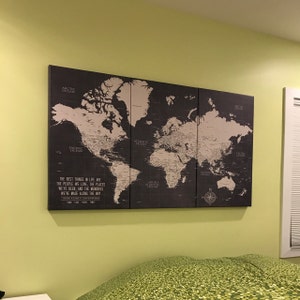 Grey Push Pin World Travel Map Canvas Art, Custom Push Pin Map, 3 Panel ...