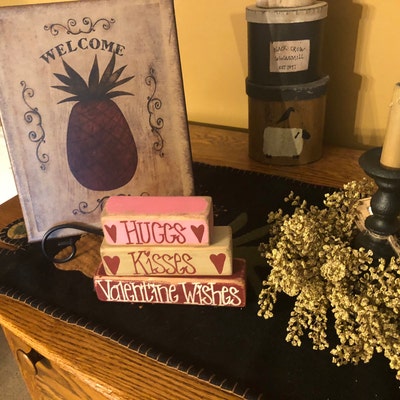 Hand Painted Distressed Hugs Kisses Valentine Wishes Tiered Tray Shelf ...