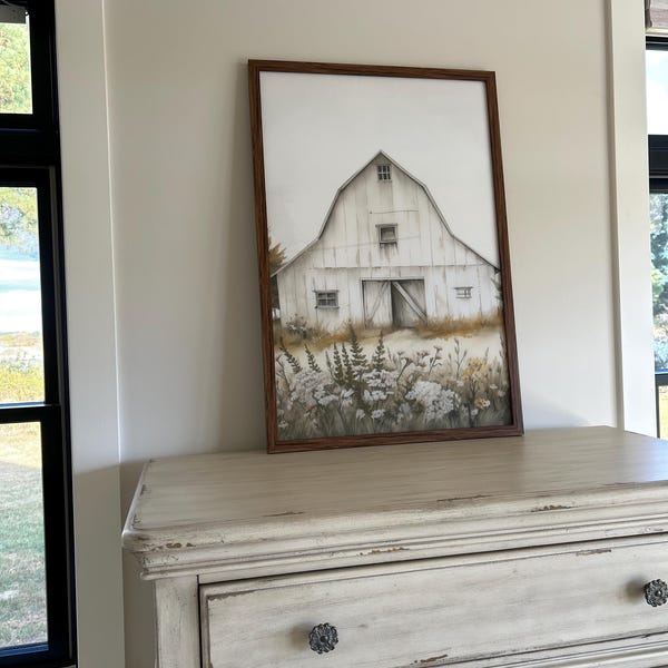Printable Rustic Barn Art, White Barn Painting, Rustic Farmhouse Summer ...