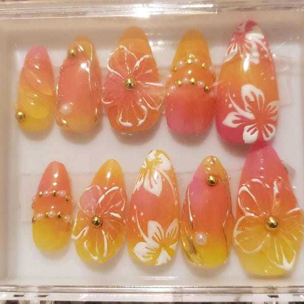 3D Flower Freestyle Medium Almond Press on Nails, Ombre Nail | Red ...