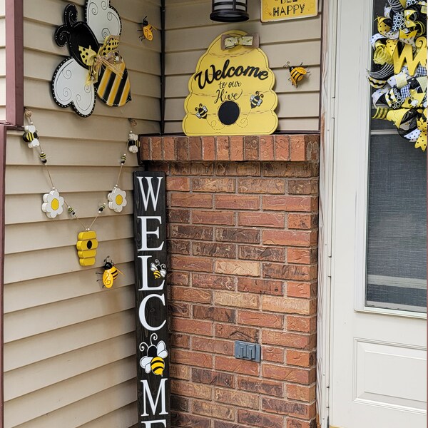 Welcome Honey Bee Sign, Entryway Welcome With Painted Bee Bumble Bees ...