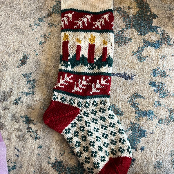 Hand Knit Christmas Nordic Stocking Snowflake - Handmade & Ready to ...