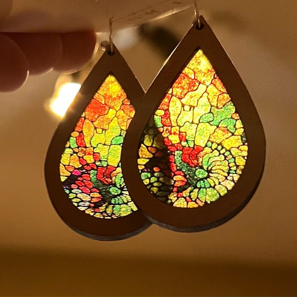 Mosaic Stained Glass Earrings // Teardrop // Mahogany Wood // Bright ...