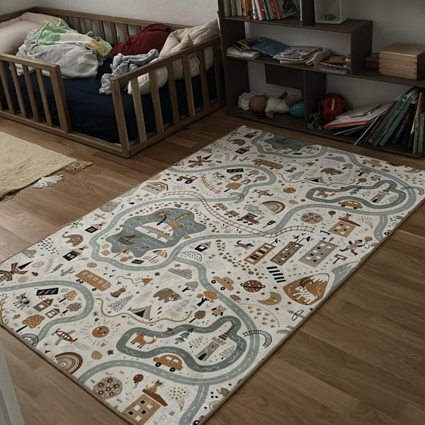 Boho Adventure Road Map Kids Area Rug - Neutral City Safari Play Carpet ...