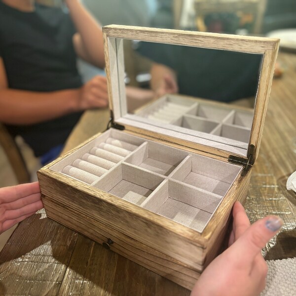 Glass Custom Carved Wooden Jewelry Box Double Layer Jewelry Organizer ...