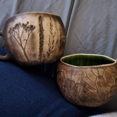 Set of Two Pottery Mugs With Leaf Impressions Set of Brown-yellow Mugs ...
