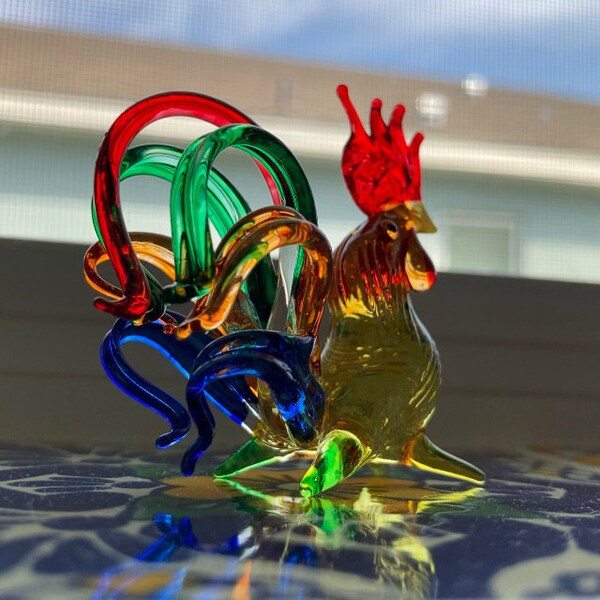 Hand Blown Glass Chicken Figurine: Colorful Rooster Decor - Etsy