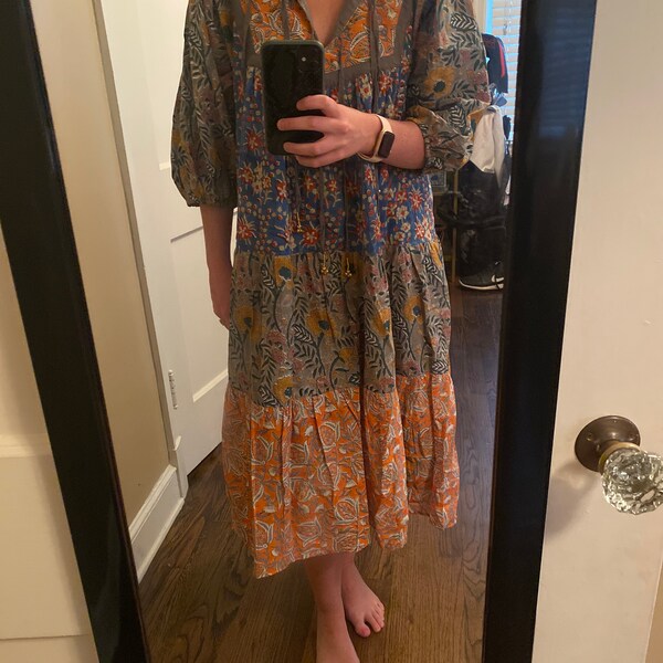 Tri-color African Print Indian Summer Midi Dress Hand Block Printed ...